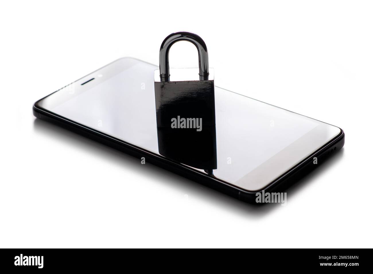 Technology security. Modern smartphone with padlock on white background ...