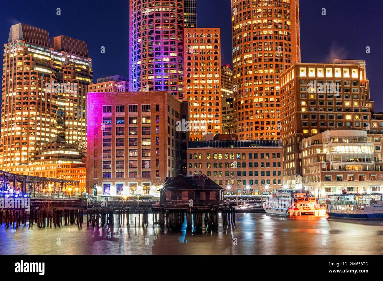Boston Cityscape with River Bridge. Long Exposure Night Photography ...