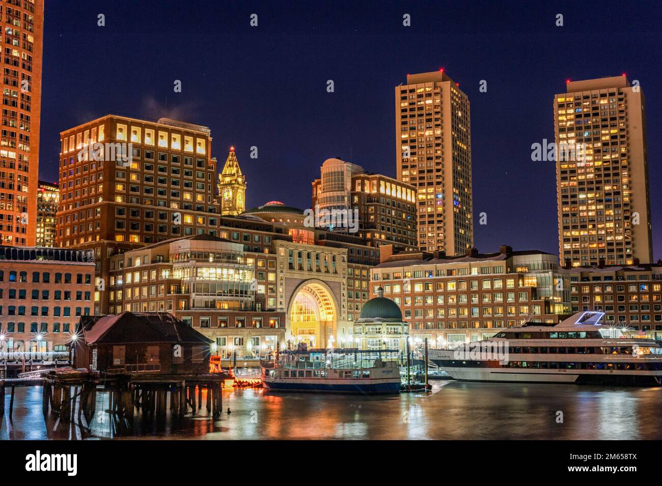 Boston Cityscape with River Bridge. Long Exposure Night Photography ...