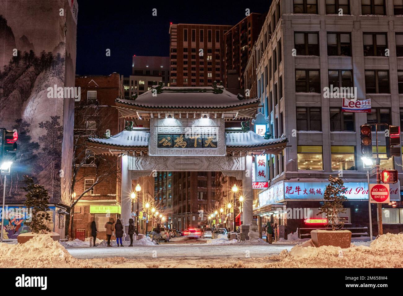 Boston Cityscape with Entrance of China Town. Long Exposure Night ...
