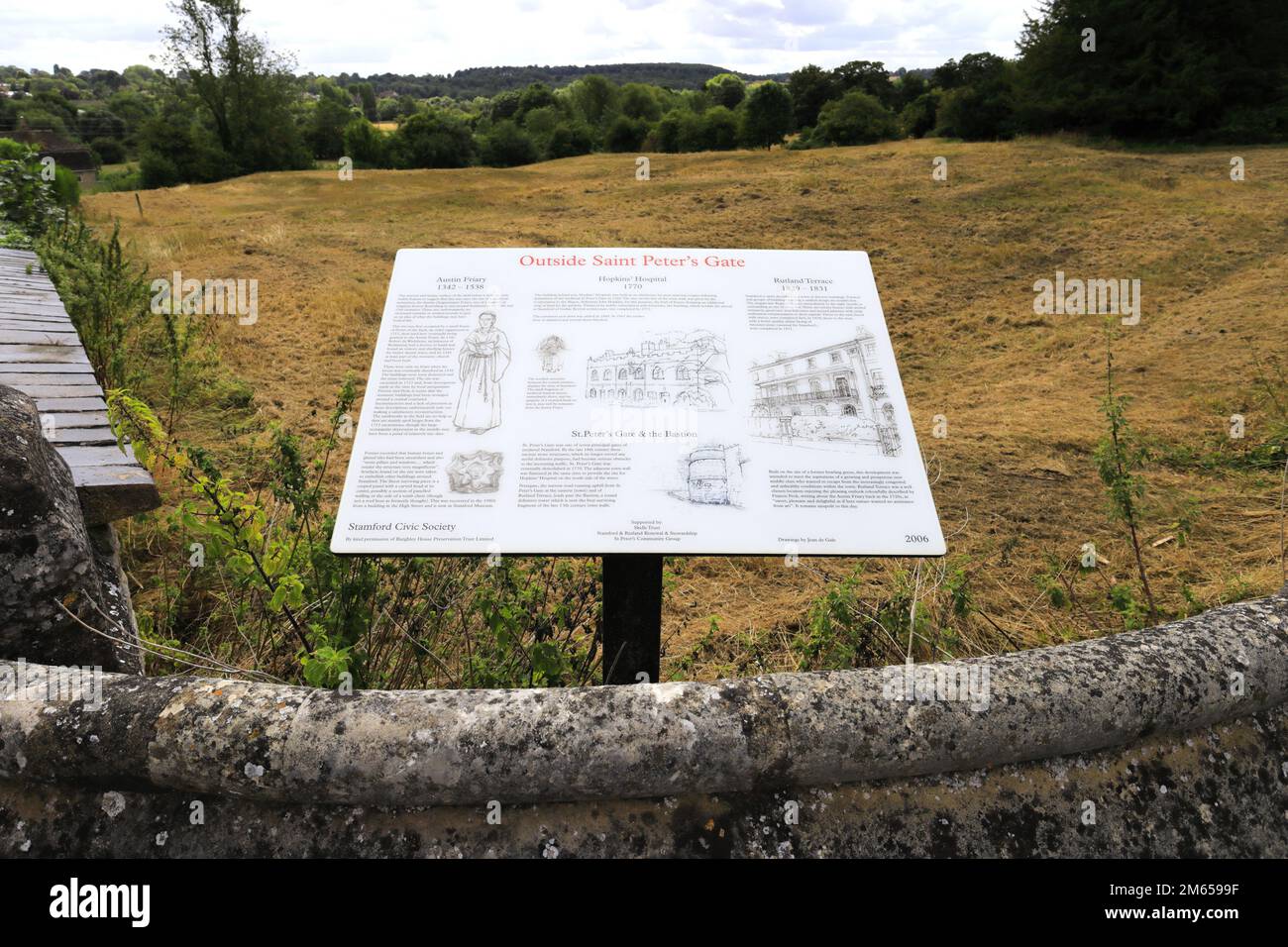 St Peters gate information board, Petergate, market town of Stamford ...