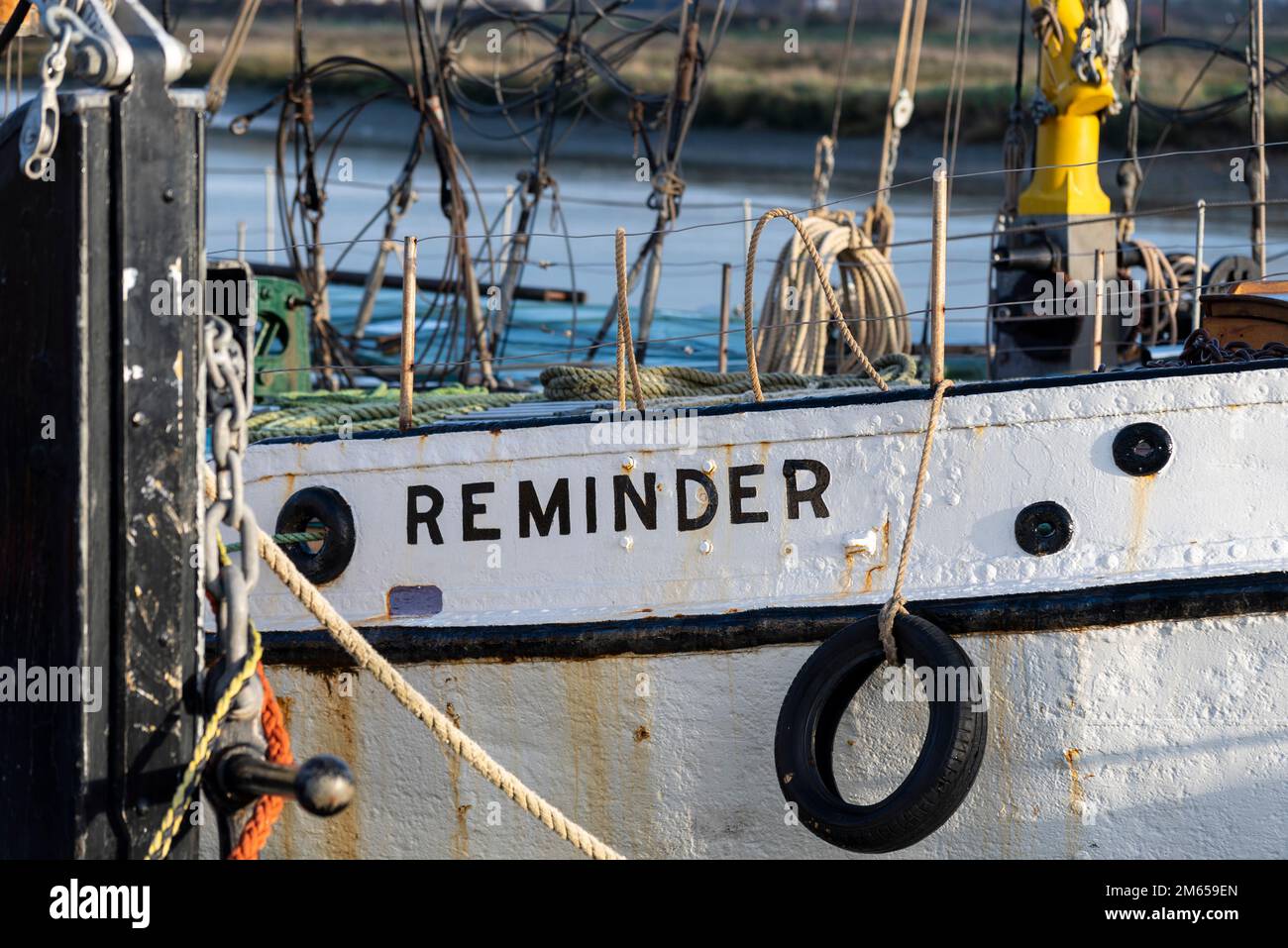 Vessel named Reminder, historic Thames sailing barge, at Maldon Hythe Quay on the River ...