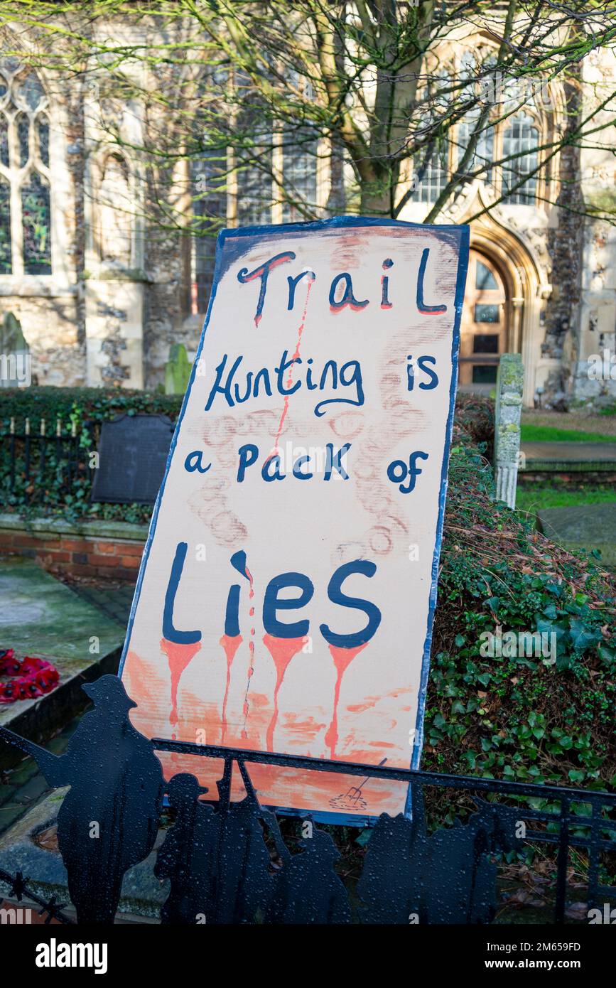 Anti hunt placard at The Essex with Farmers & Union Hunt paraded their ...
