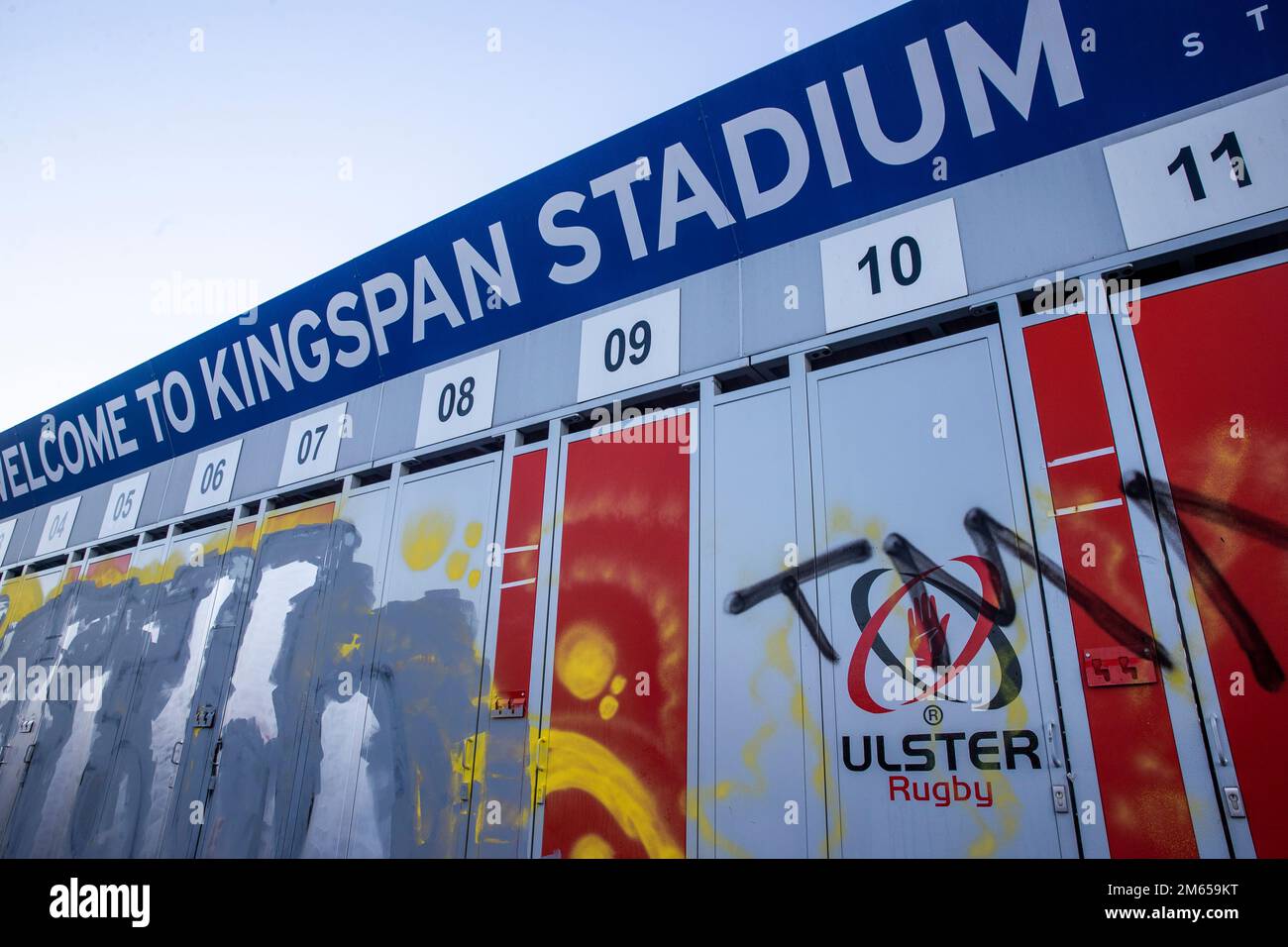 Graffiti on the entrance gates of Ulster Rugby Stadium in Belfast ...