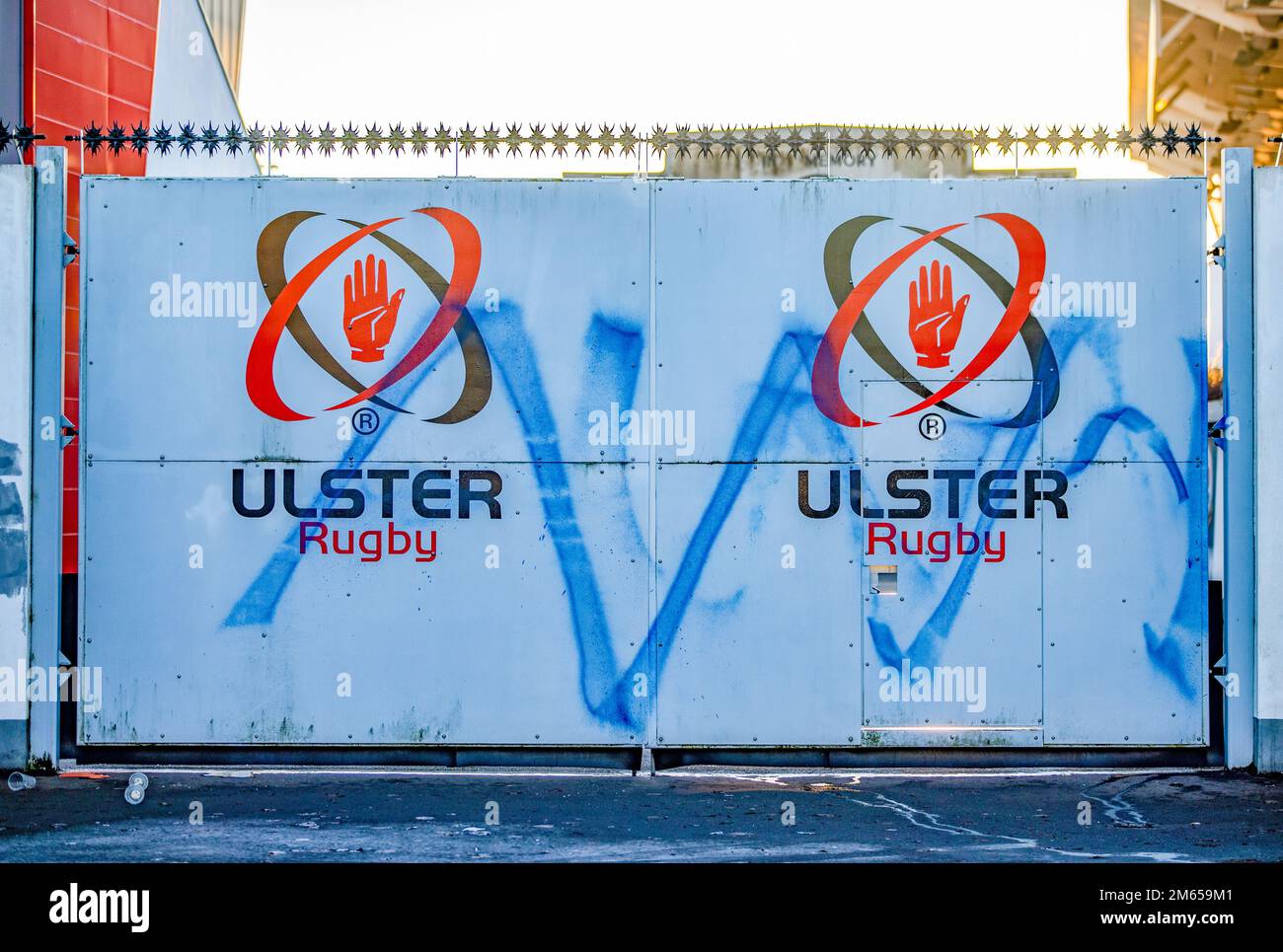 Graffiti on an entrance gate of Ulster Rugby Stadium in Belfast ...