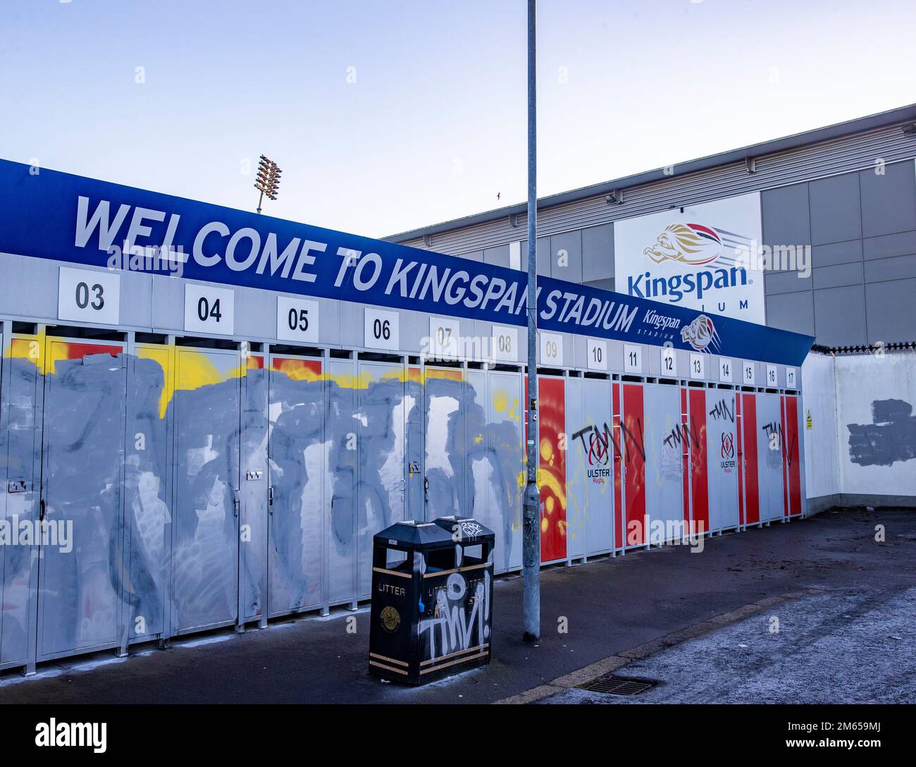 Graffiti on the wall and entrance gates of Ulster Rugby Stadium in ...