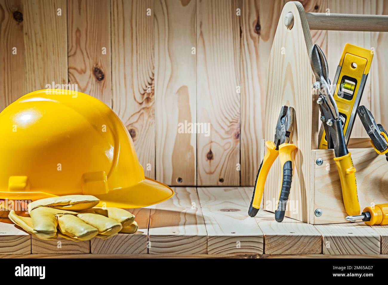 set of tools in wooden toolbox on wood background Stock Photo - Alamy