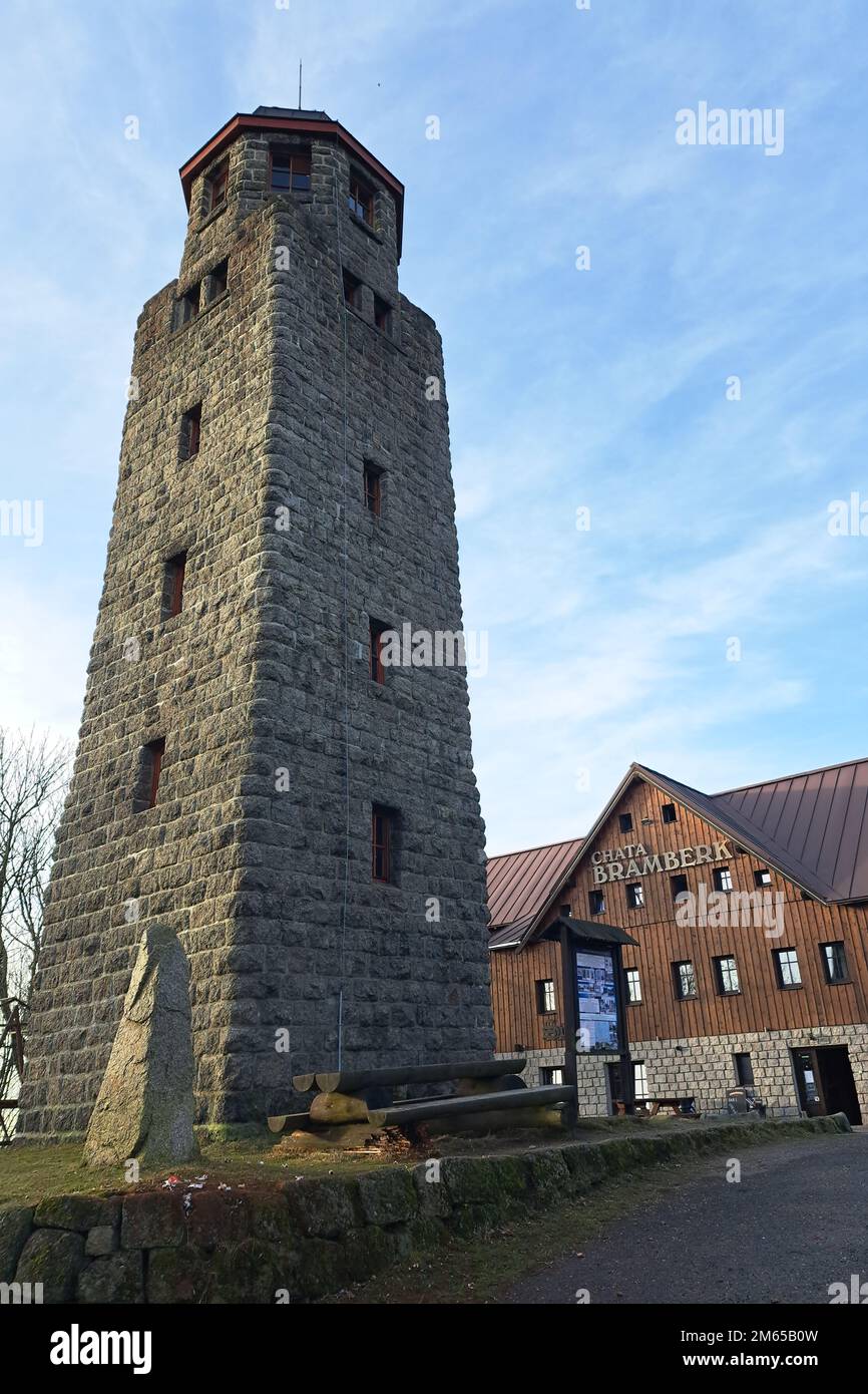 The Bramberk lookout tower with a cottage of the same name in the ...