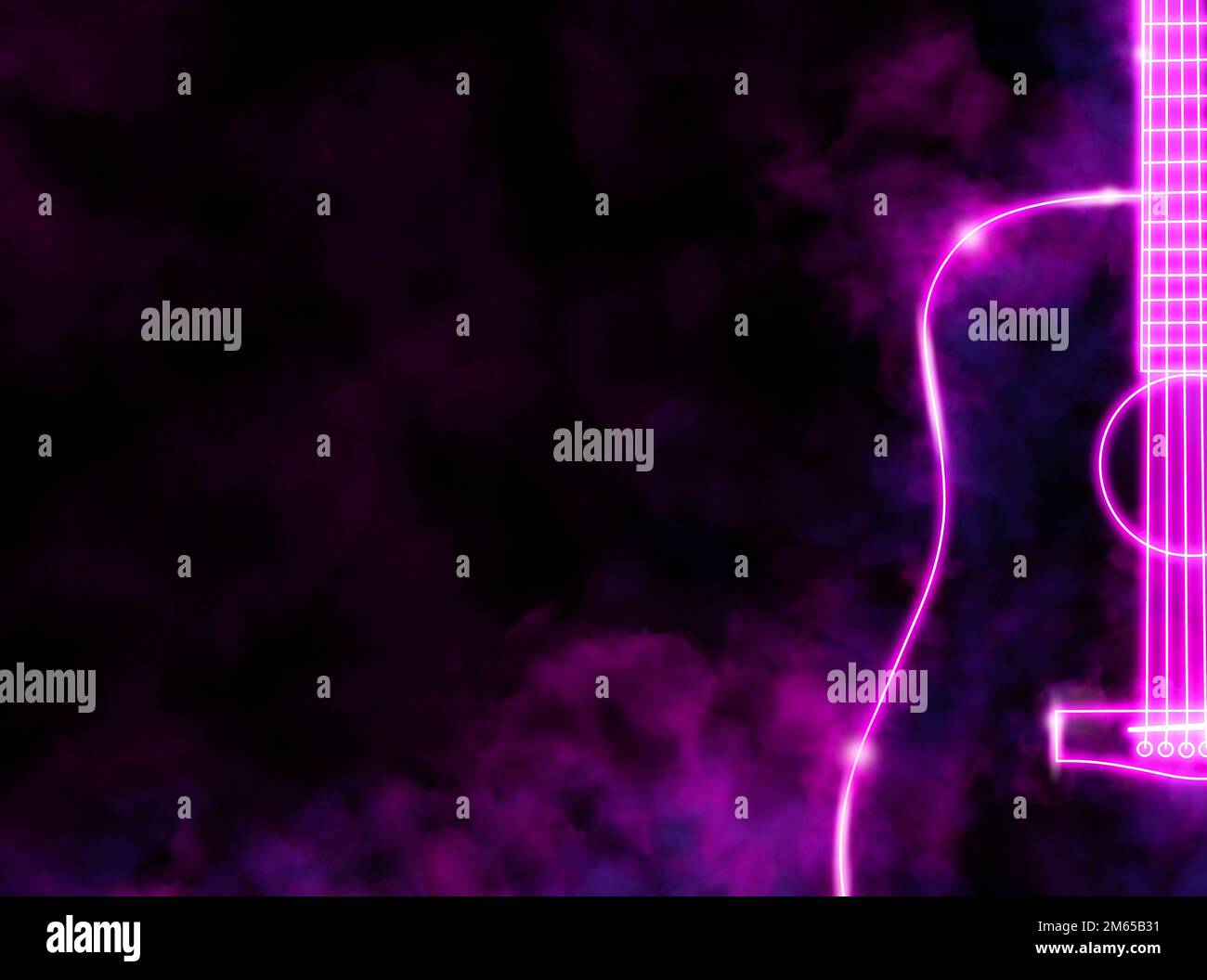 Bright pink acoustic guitar shaped neon lights with smoke in the dark ...