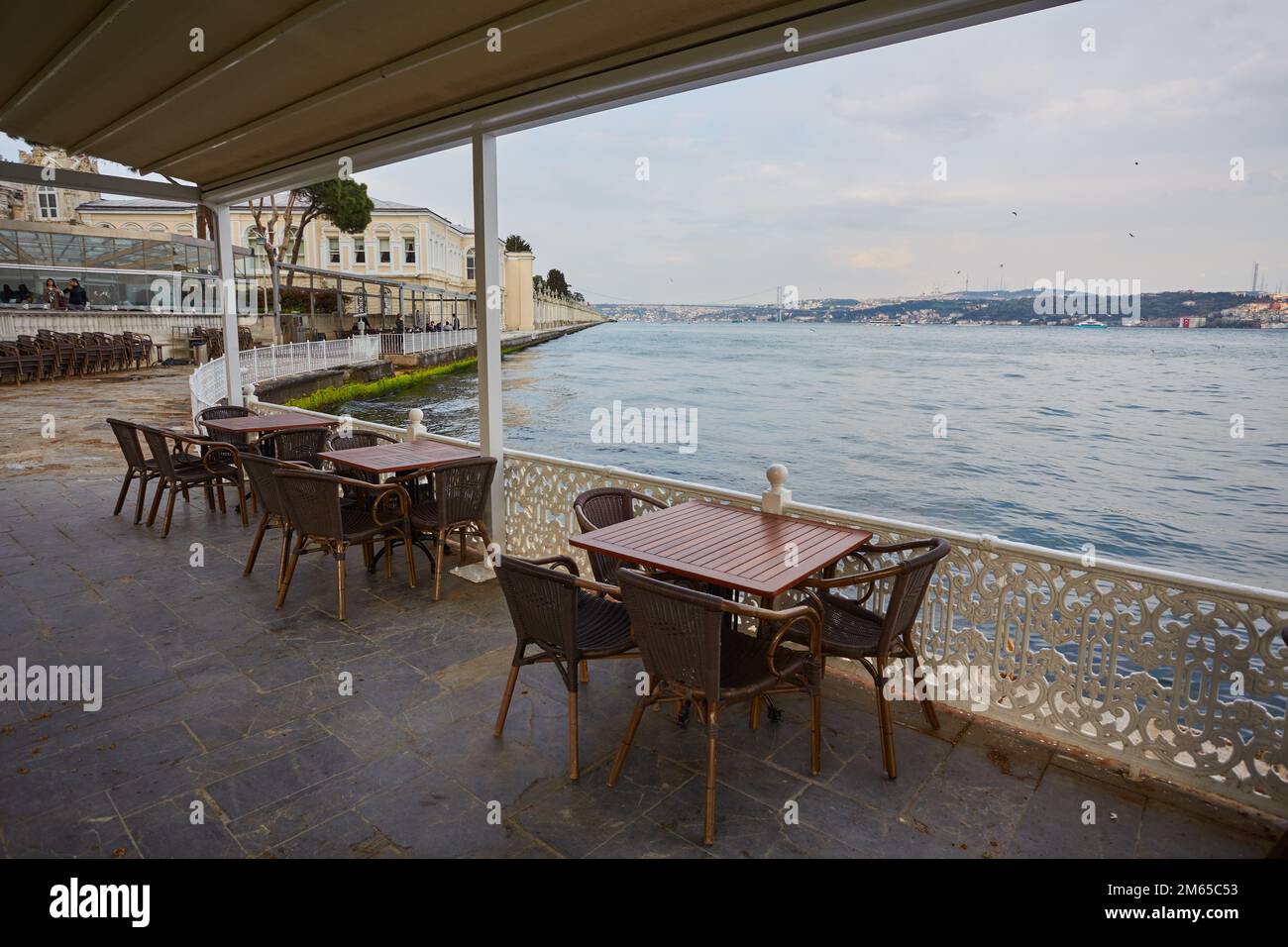 Istanbul, Turkey - April 21, 2017: Deserted cafe, tables overlooking ...