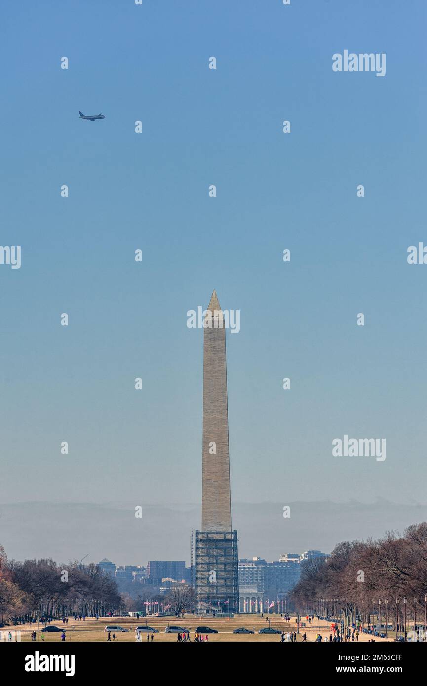 Washington DC Monument. Landing Airplane in Background. USA Stock Photo ...