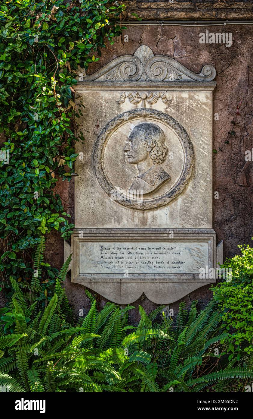 The grave of the British poet John Keats in the non-Catholic cemetery in Rome. Rome, Lazio ...