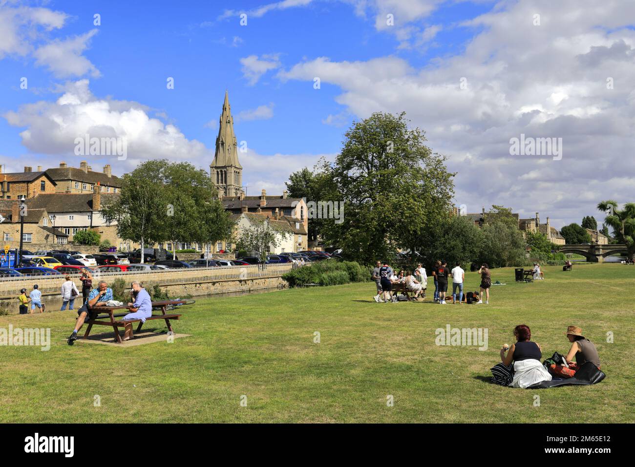 View over the river Welland meadows, Stamford town; Lincolnshire ...