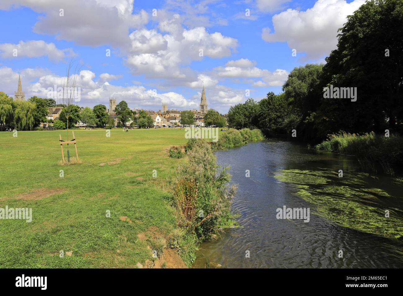View over the river Welland meadows, Stamford town; Lincolnshire ...