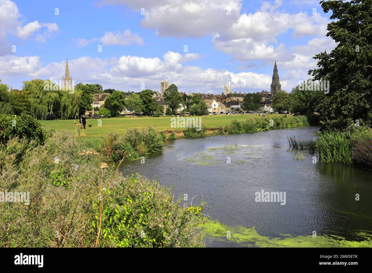 View over the river Welland meadows, Stamford town; Lincolnshire ...