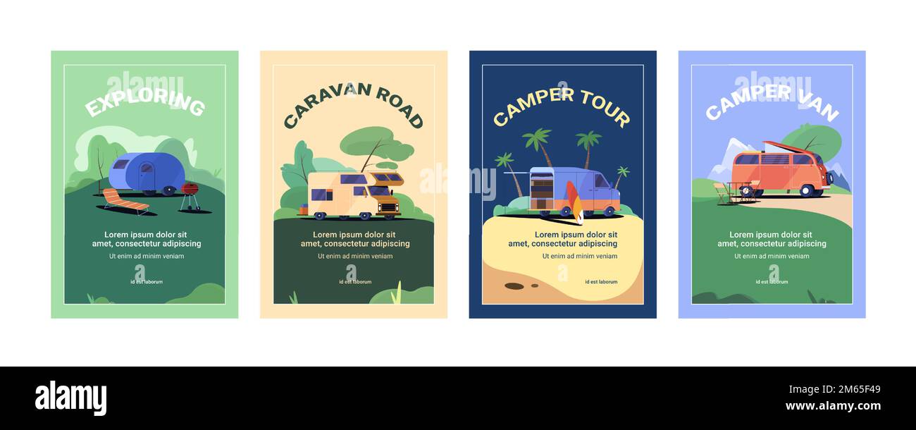 Set of camp posters with camper van, chair and surfboard. Flyer with ...