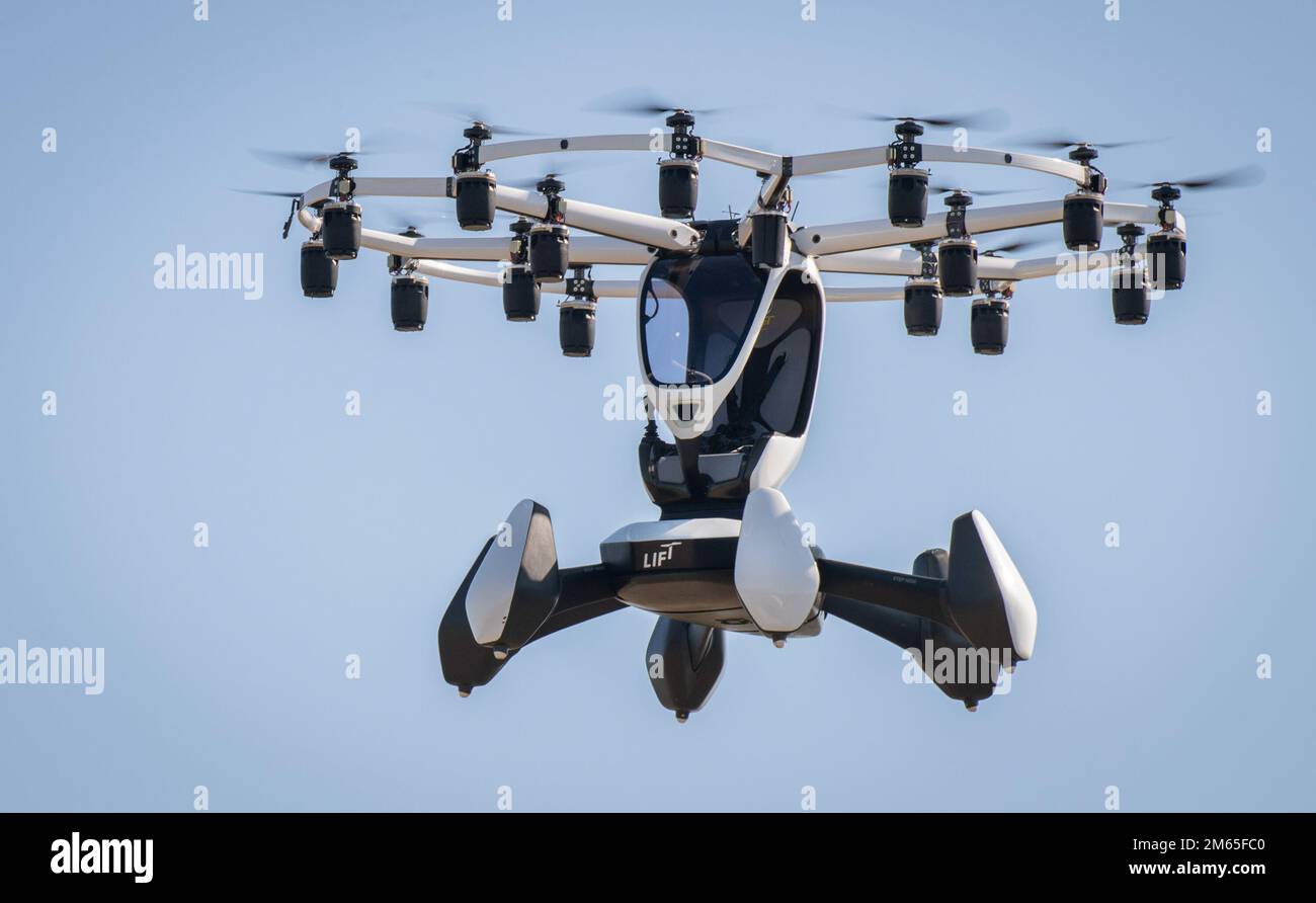 The Hexa, an electric, vertical takeoff and landing aircraft, hovers in ...