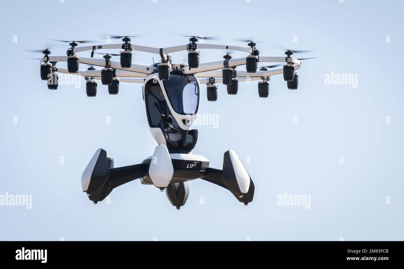 The Hexa, an electric, vertical takeoff and landing aircraft, hovers in ...