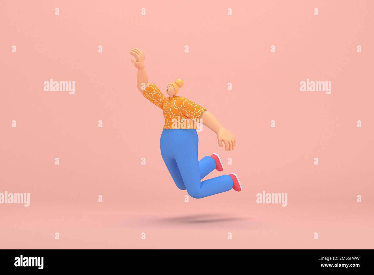 The woman with golden hair tied in a bun wearing blue corduroy pants ...