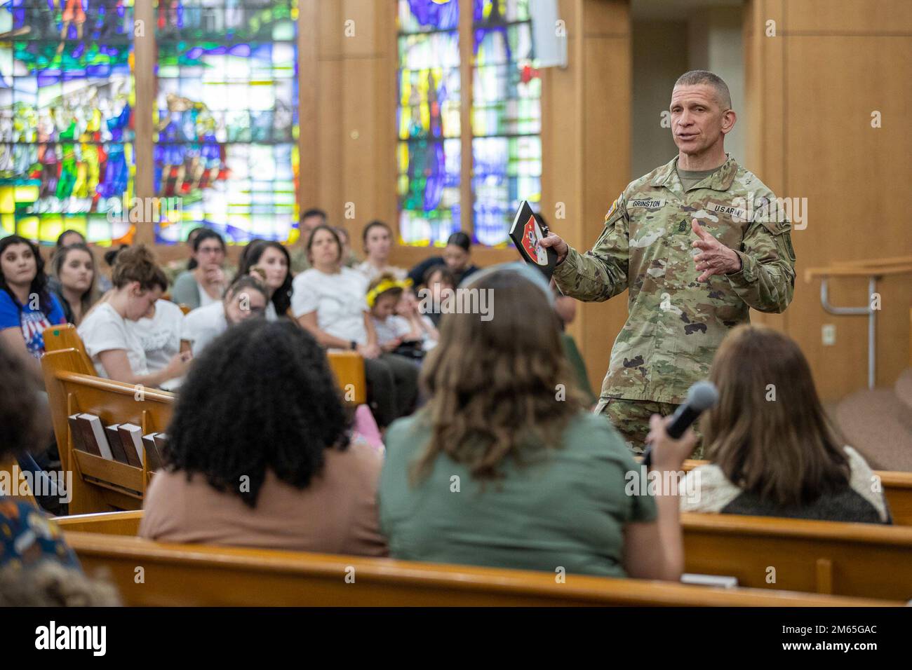 Sgt. Maj. of the Army Michael A. Grinston listens to questions from ...
