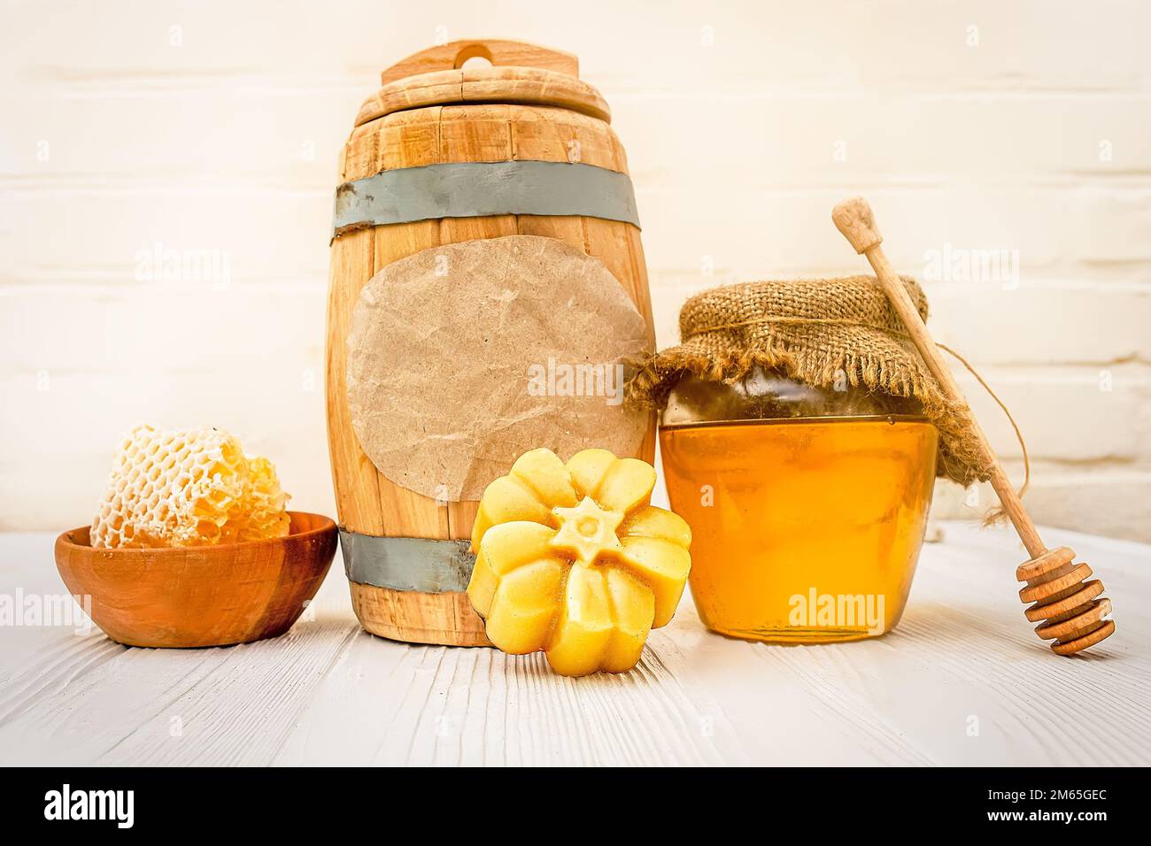 HONEY. Harvest 2023. Honey in honeycombs, a wooden barrel with ...