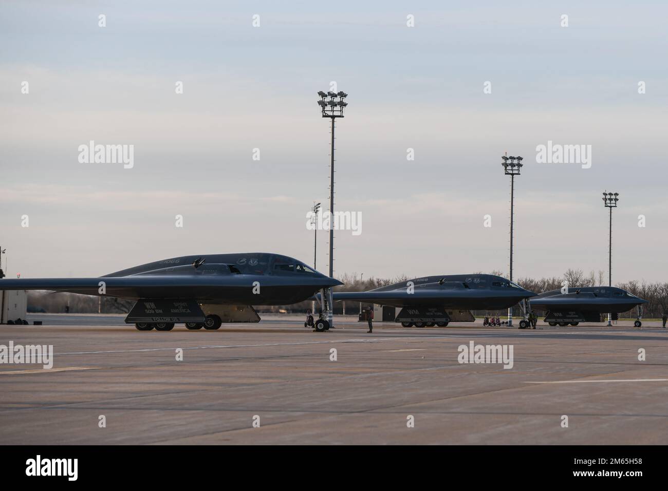 Three B-2 Spirit stealth bombers assigned to the 509th Bomb Wing, take ...