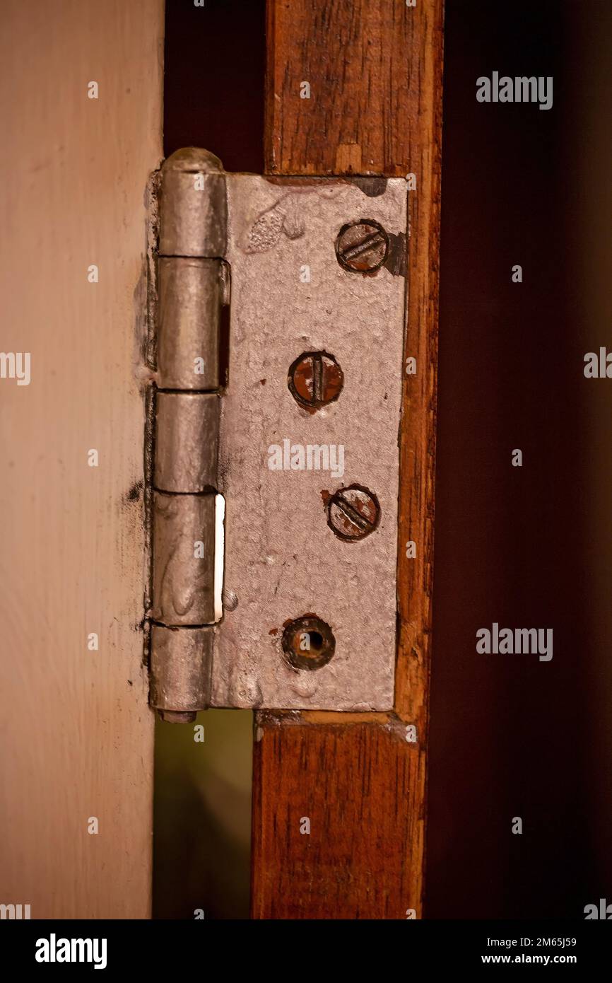 An old door hinge on a wooden door.The hinge has been painted with ...