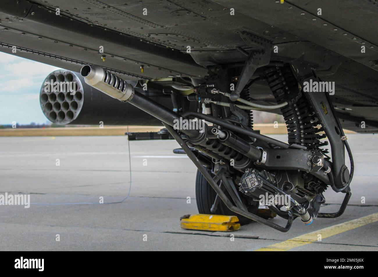 A 30mm automatic M230 chain gun on an AH-64E Apache helicopter assigned to 1st Air Cavalry ...