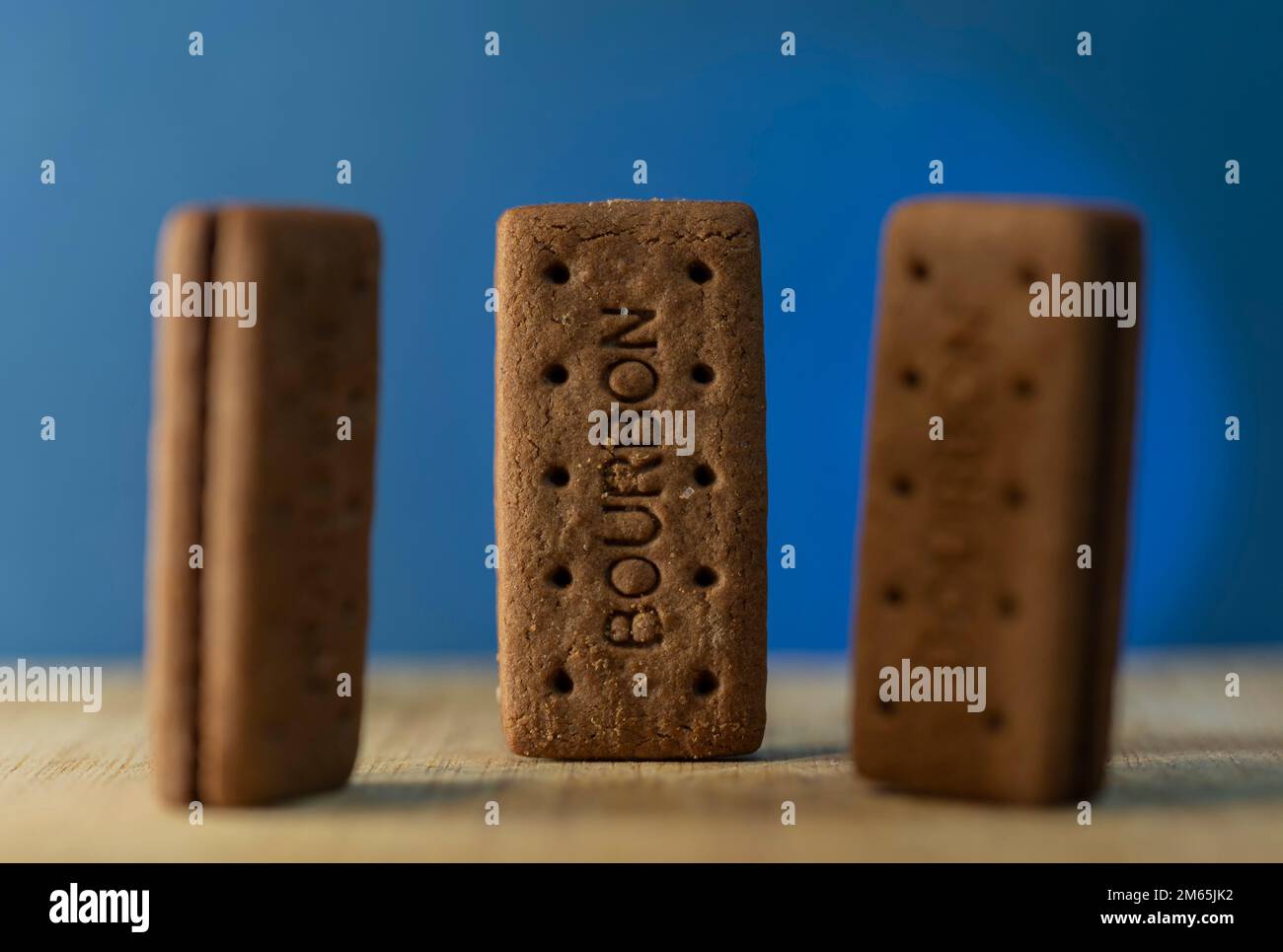 Bourbon Creams - A traditional chocolate biscuit displayed on a blue ...