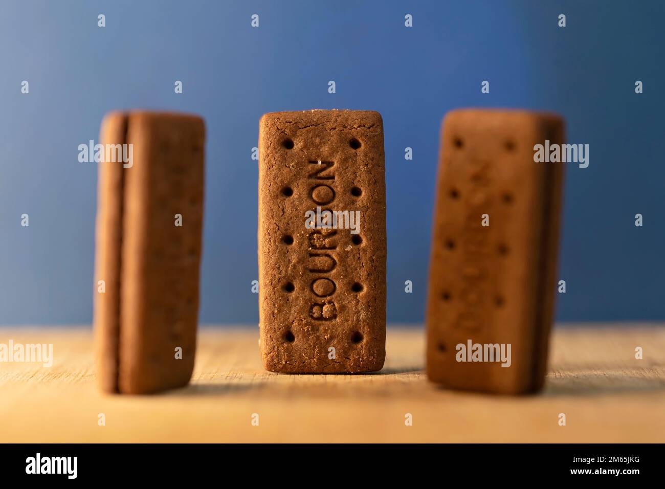 Bourbon Creams - A traditional chocolate biscuit displayed on a blue ...