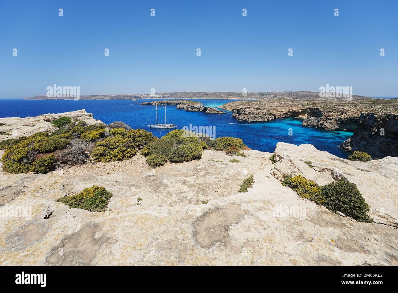 Yacht and european Comino island with blue lagoon in Malta, clear blue ...