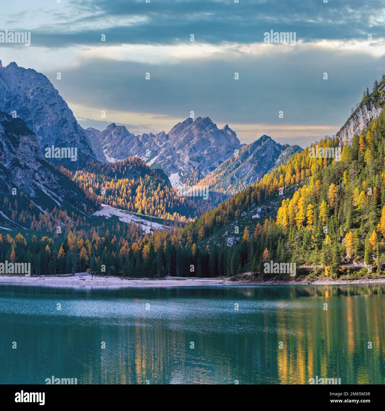 Autumn peaceful alpine lake Braies or Pragser Wildsee. Fanes-Sennes ...