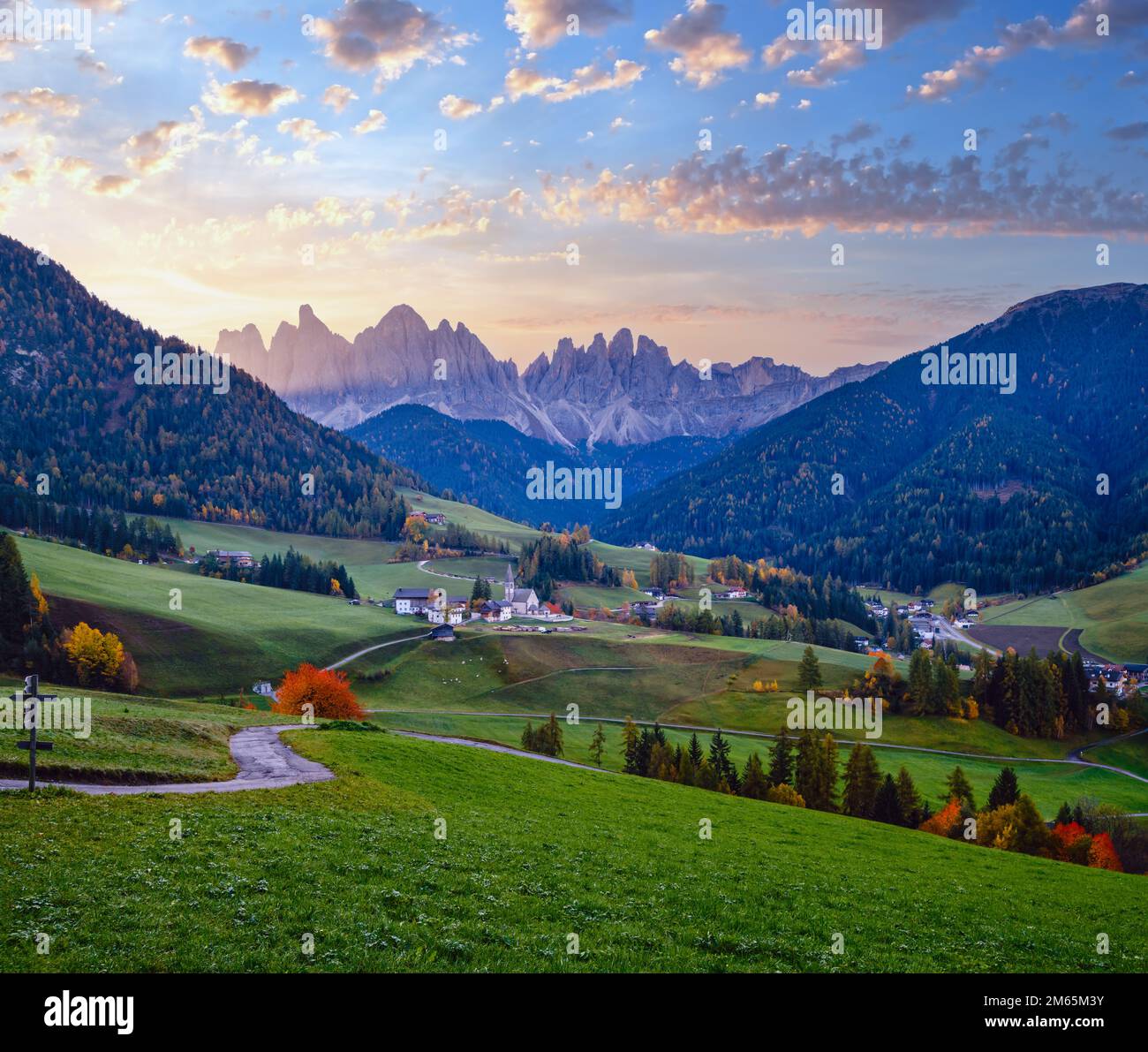 Autumn daybreak Santa Magdalena famous Italy Dolomites village view in ...