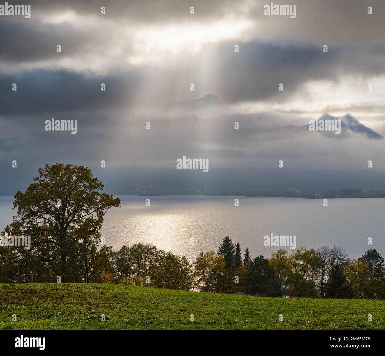 Autumn Alps mountain lake Mondsee foggy view from autobahn Raststation ...