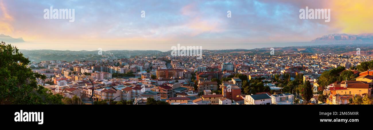 Evening panorama view to Tyrrenian sea bay and Alcamo town from view ...