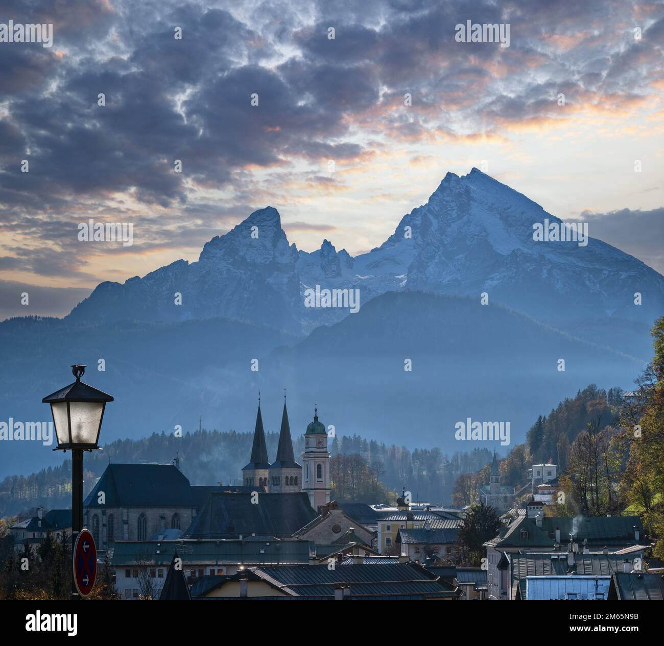 Autumn hazy day famous Bavarian prealps Berchtesgaden town and mount ...
