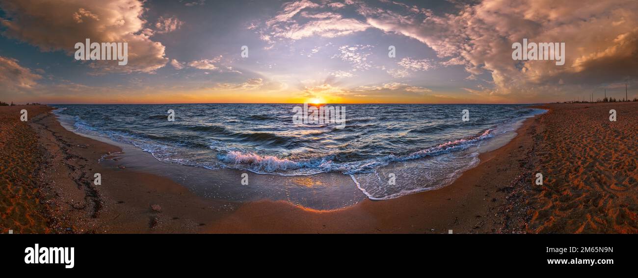 Colorful sea beach sunrise high resolution panorama (Strilkove village ...