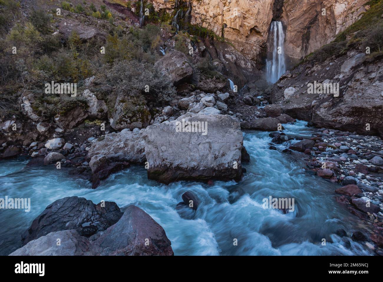 Elbrus. Sultan waterfall on the Kyzyl-Su river. bird's-eye. Kabardino ...