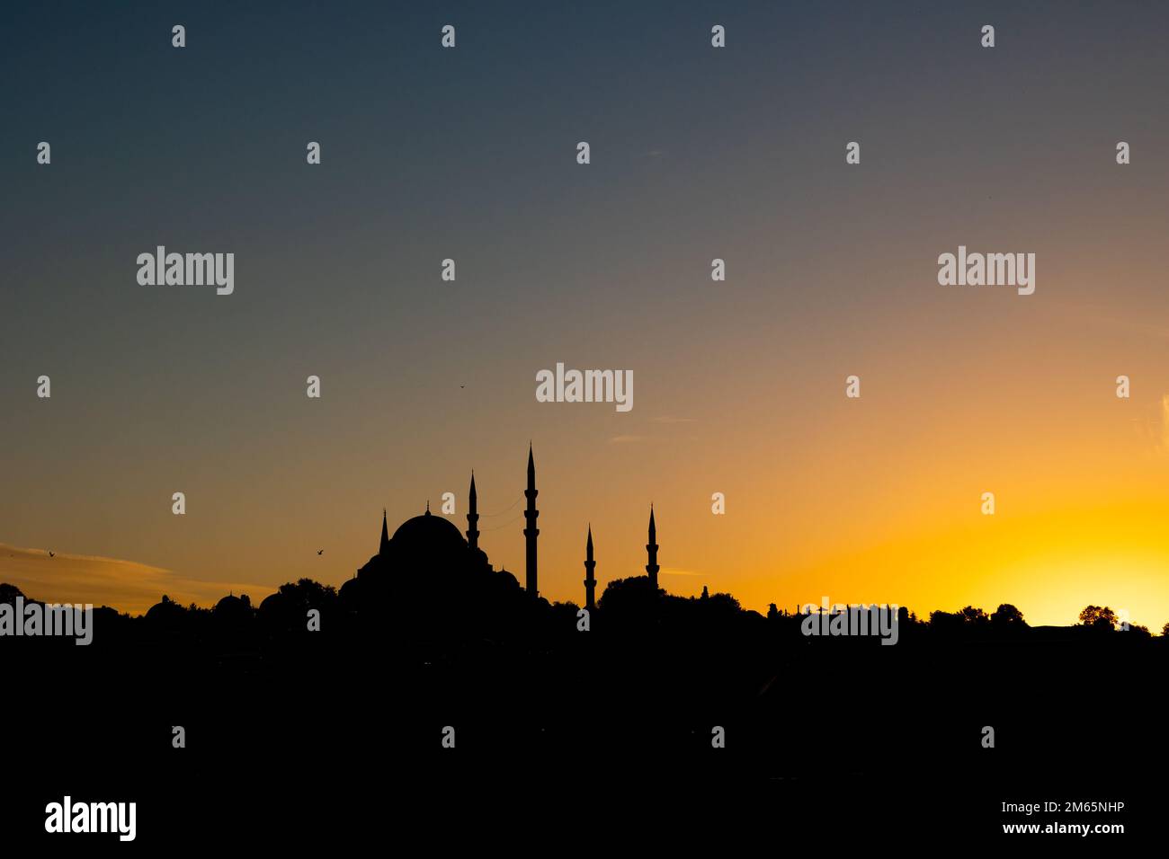 Mosque view. Silhouette of Suleymaniye Mosque at sunset. Islamic or ...
