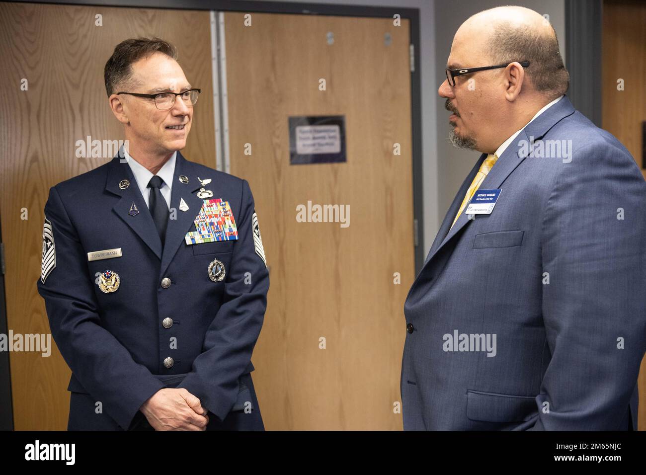 Chief Master Sergeant of the Space Force Roger A. Towberman engages ...