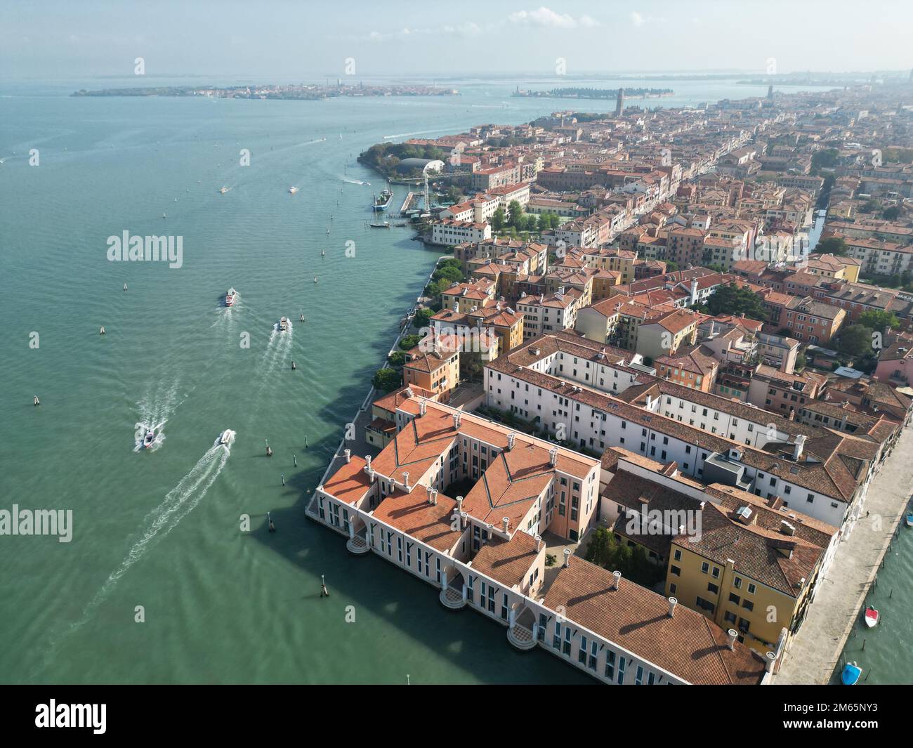 A bird's eye view of the buildings in Italy, Venice on a sunny day ...