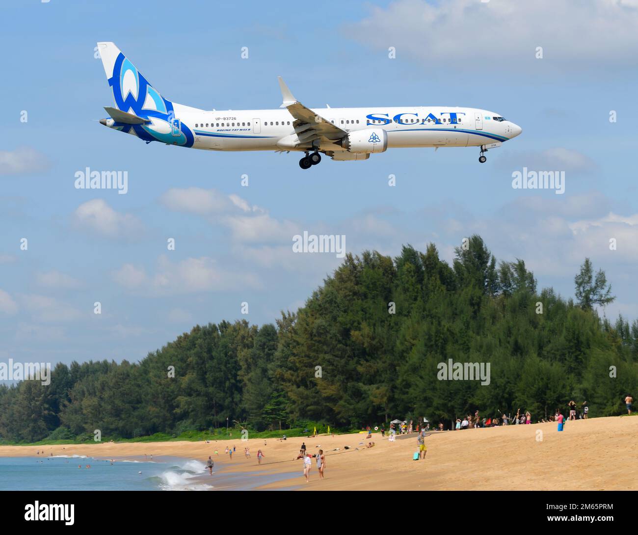 SCAT Airlines Boeing 737 MAX aircraft flying over beach. Airplane 737 ...