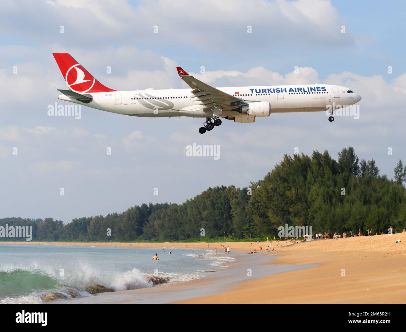Turkish Airlines Airbus A330 airplane over Phuket Airport Beach ...