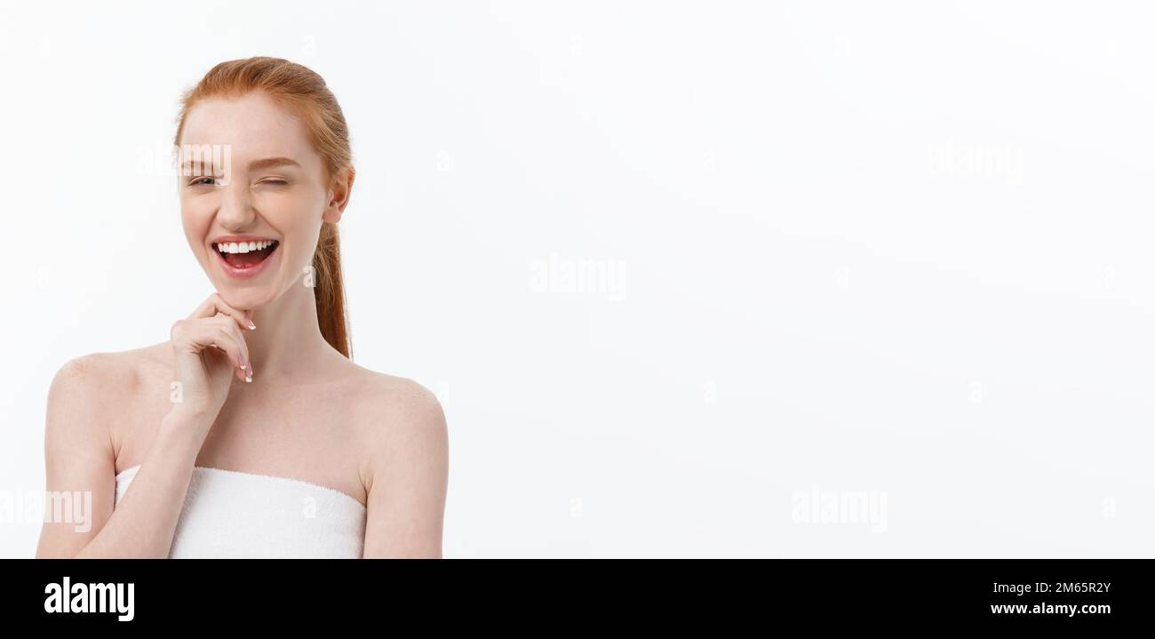 Happy beautiful girl is happy smiling and laughing look stright ...