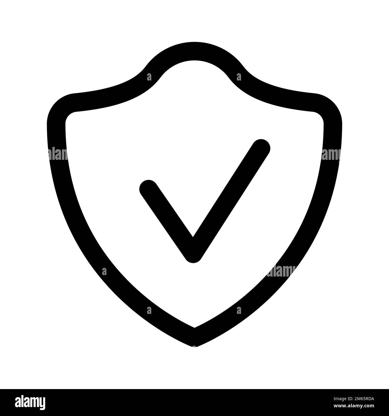 Shield with checkmark icon line isolated on white background. Black ...