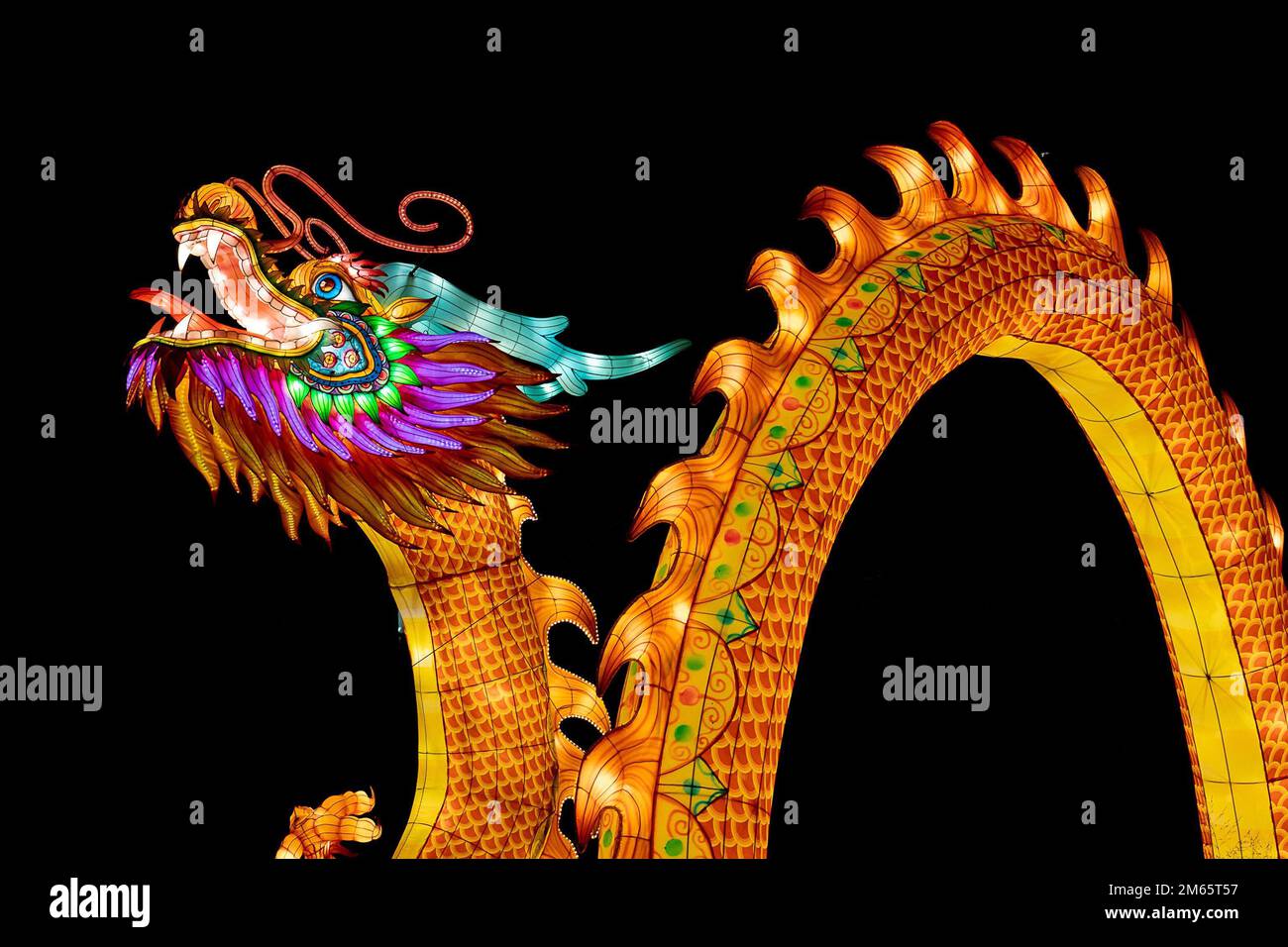 A colorful mythological dragon figure with illuminated lights isolated ...