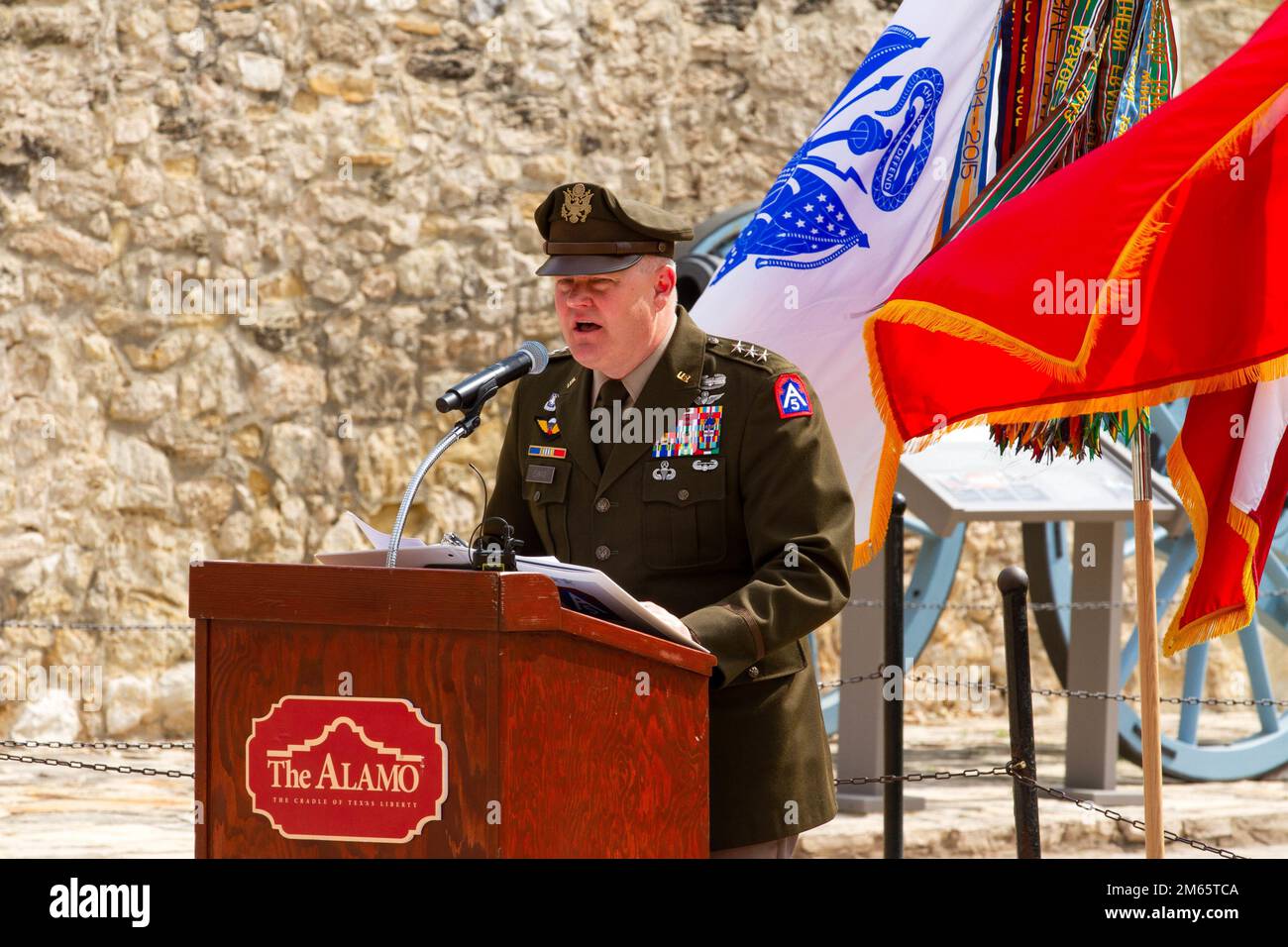 U.S. Army Lt. Gen. John Evans, commanding general of U.S. Army North, speaks to the audience ...