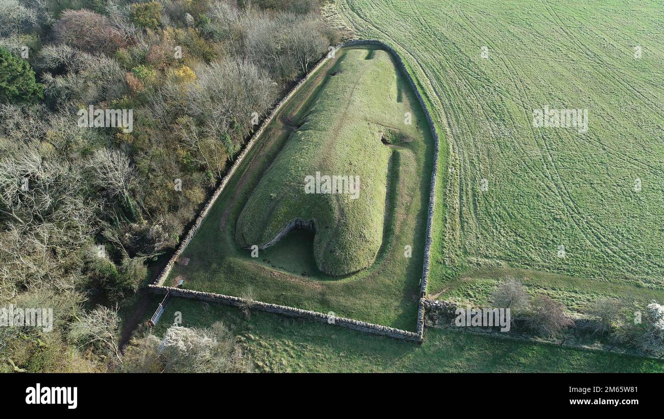 Drone Image of Belas Knap Long Barrow, Neolithic Prehistoric monument ...
