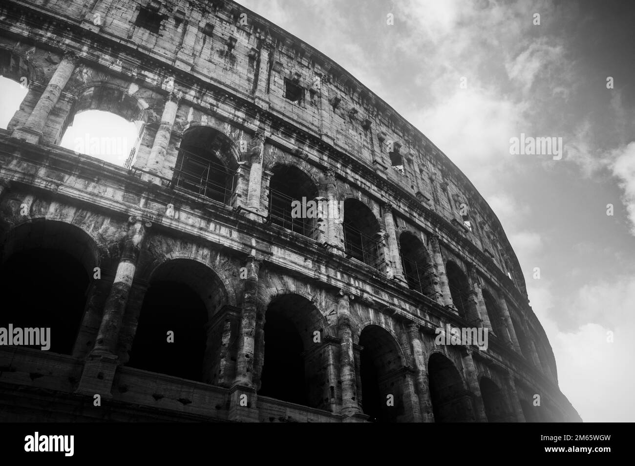 black and white coliseum on the roman city of Rome, italy. Rome, Italy ...