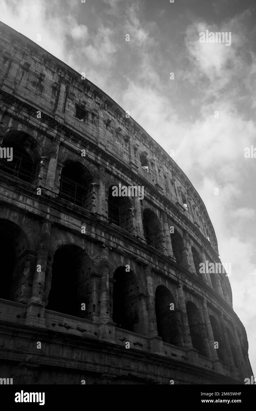 black and white coliseum on the roman city of Rome, italy. Rome, Italy ...